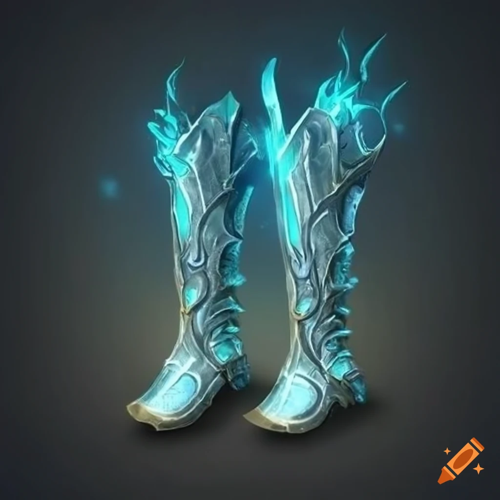 Adorned mithril plated elite champion knight boots with a magical aura ...