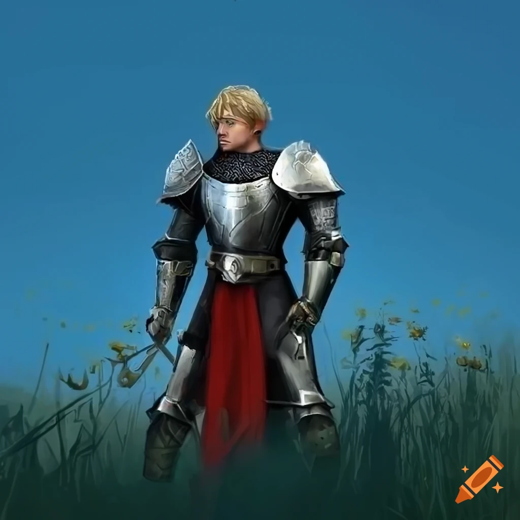 Full bodied young noble paladin standing in a serene meadow on Craiyon