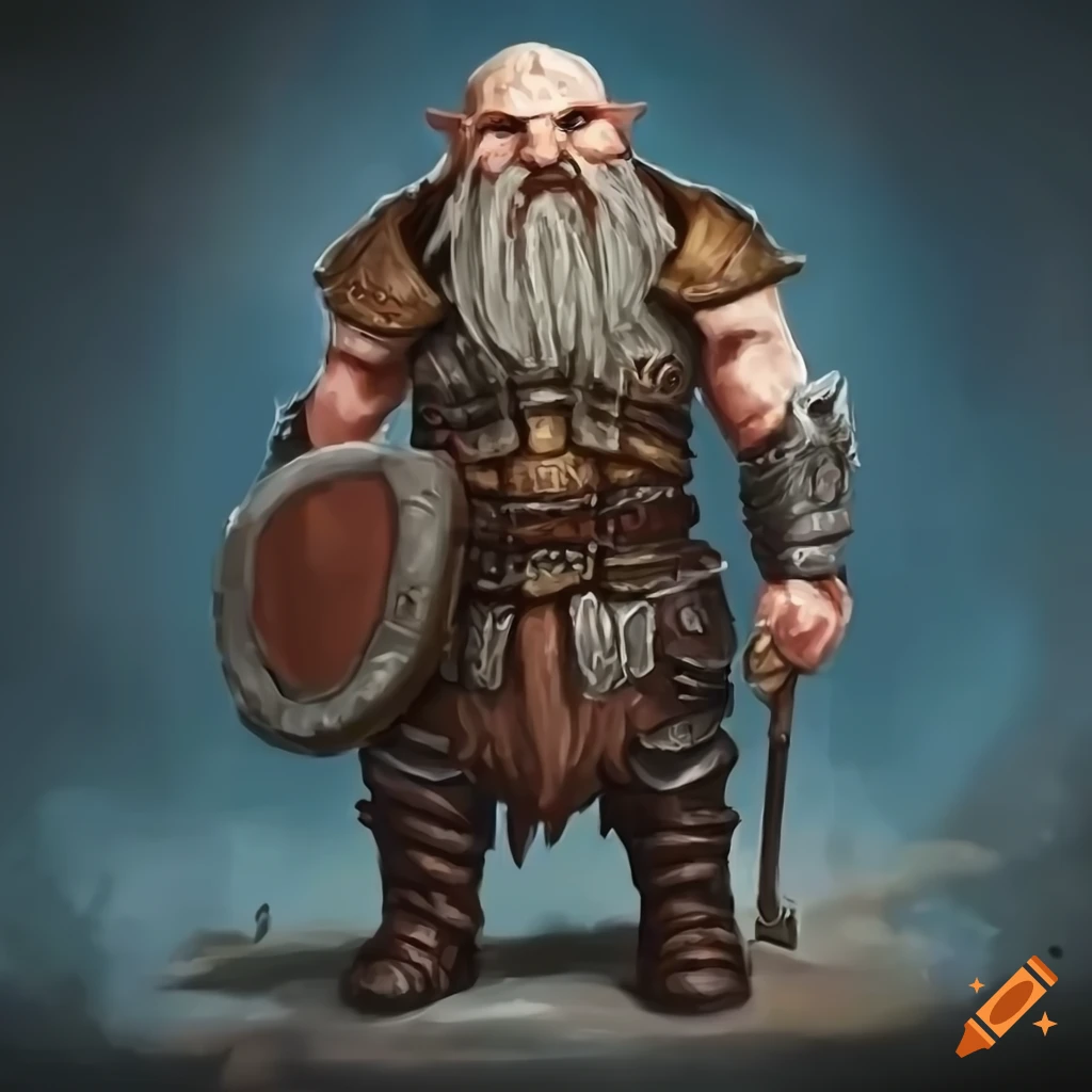 Dwarf warrior with iron shield in medieval style on Craiyon