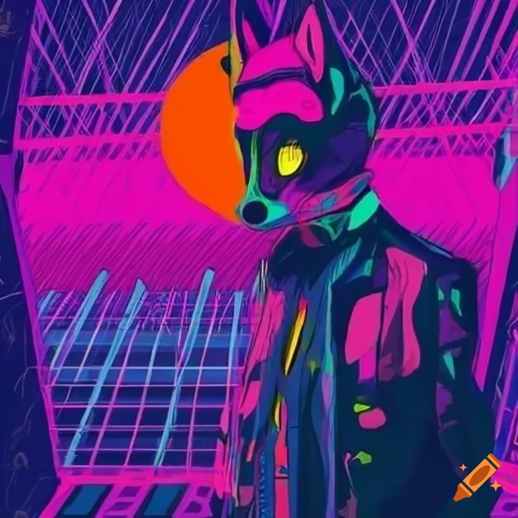 Upbeat synth wave pop punk album with a cyberpunk fox design on Craiyon