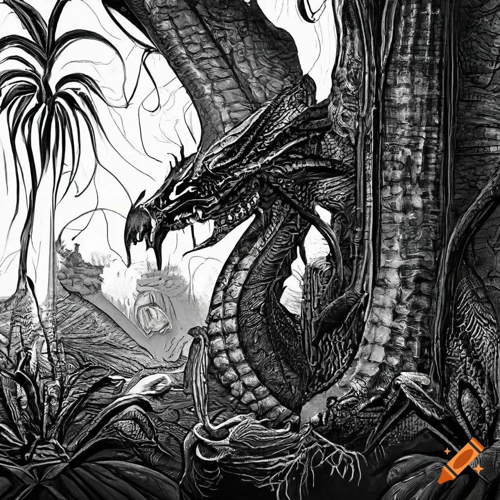 Massive statue of dragon, scorpion, turtle, and snake in lush jungle ...