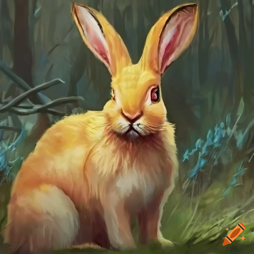 Mtg card with a light orange rabbit on a meadow on Craiyon