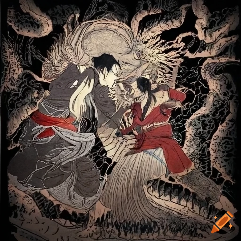 Battle of good and evil in a digitalized matrix inspired by ukiyo-e art ...