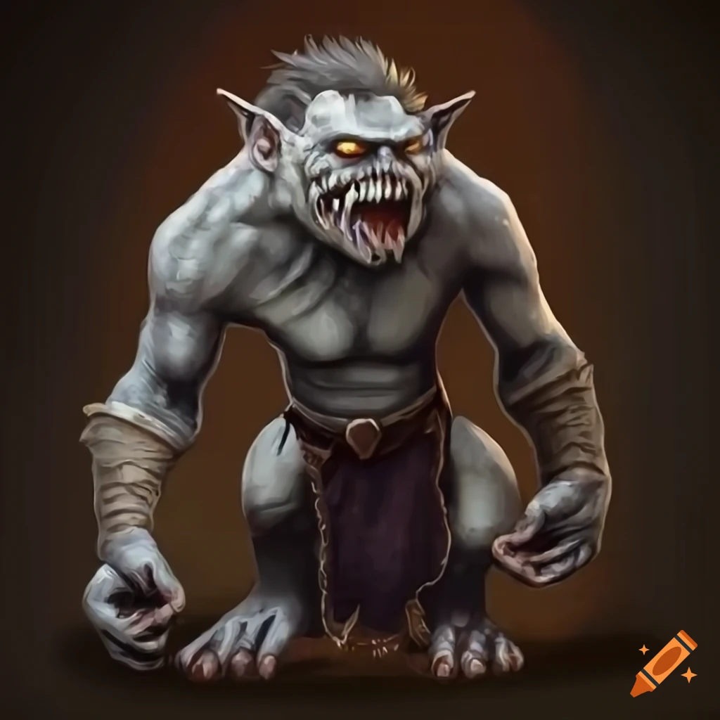 Detailed front view of a mystical troll with gray skin and shoes in ...