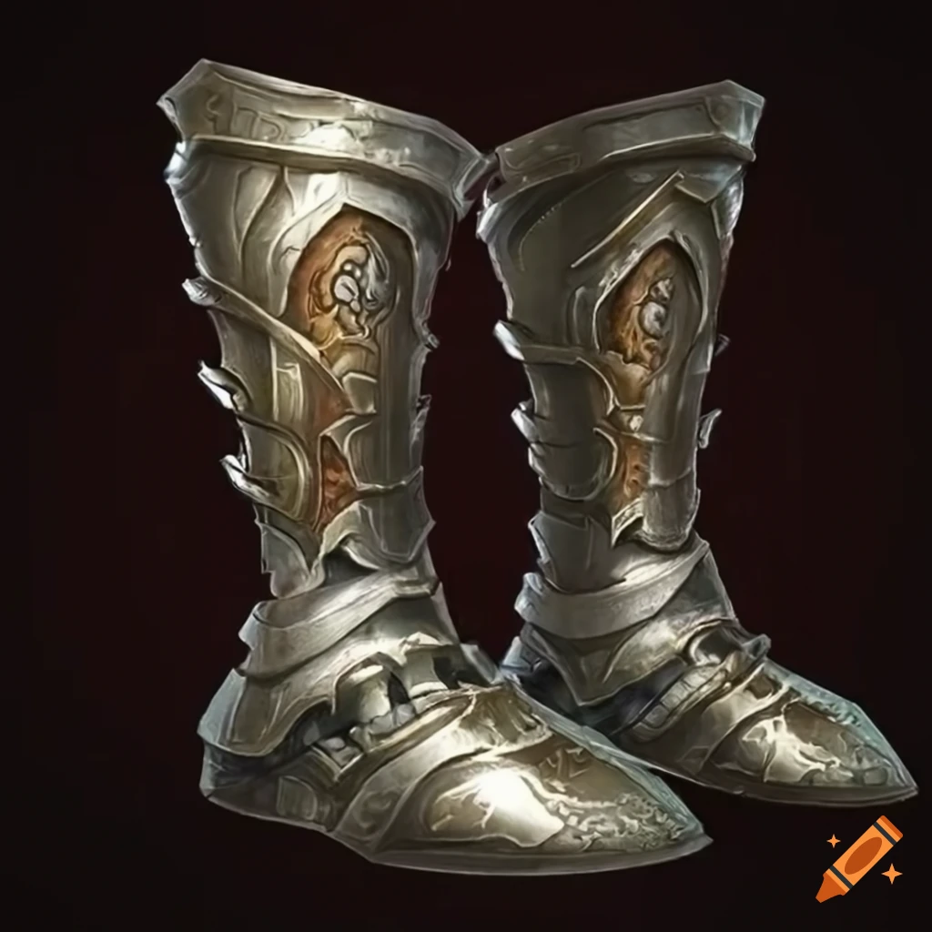 Adorned mithril plated knight boots with magical aura in fantasy design ...