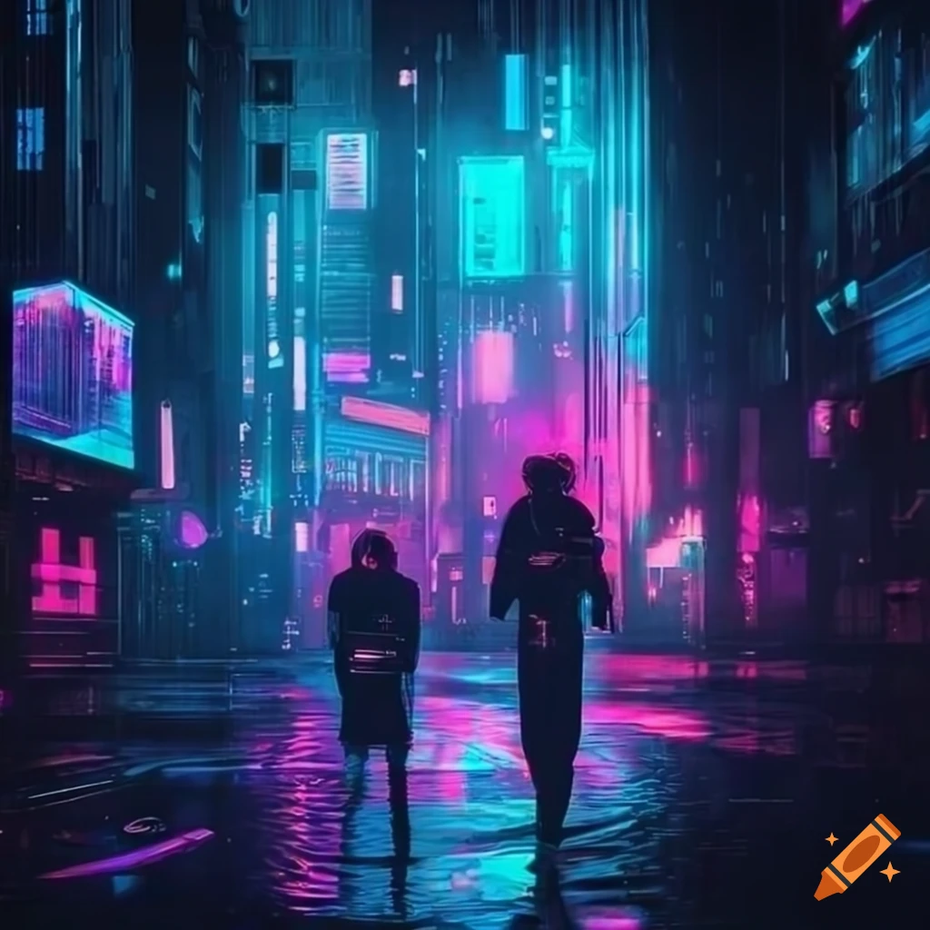 Cyberpunk iconography with neon rain and space motifs on Craiyon