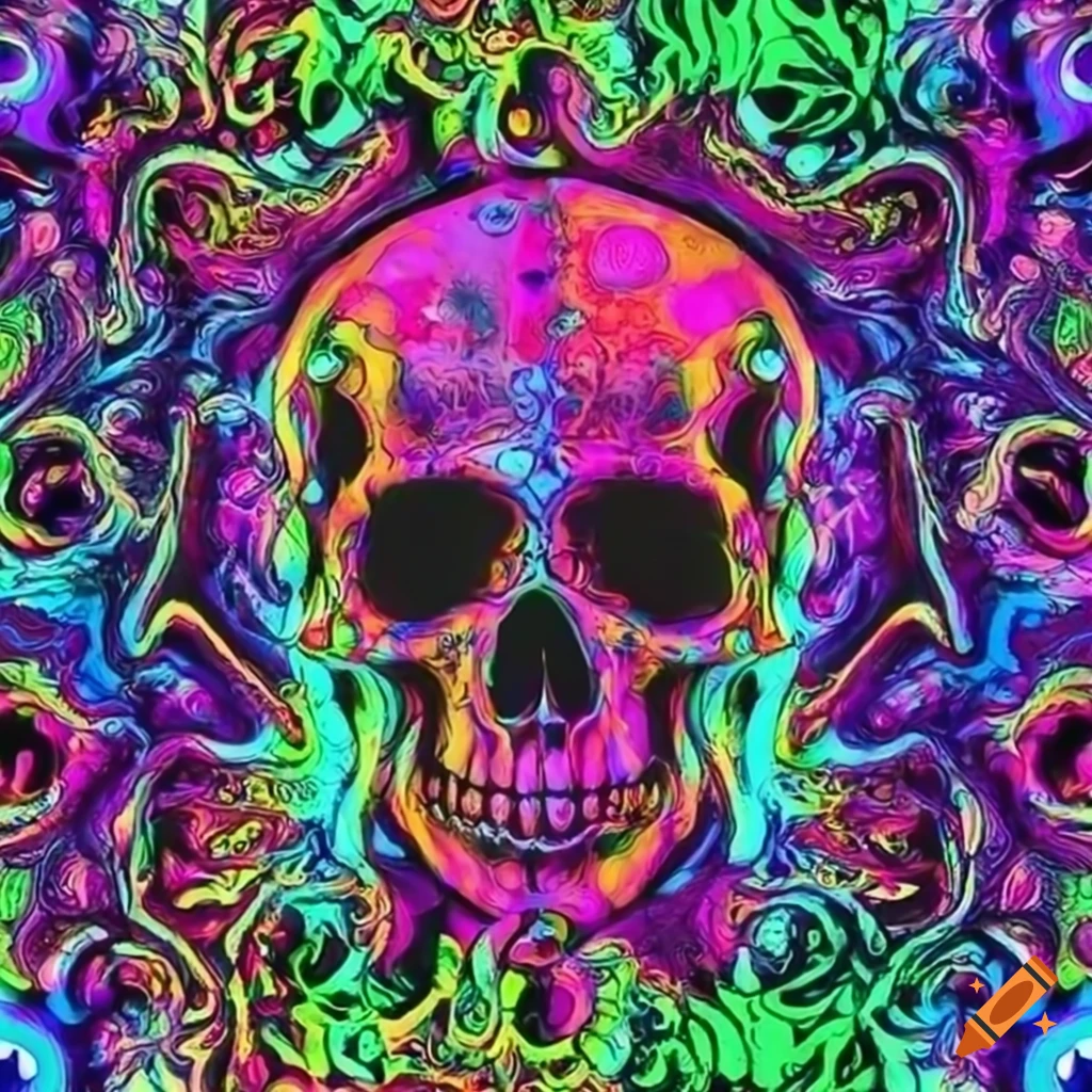 Colorful skull design with trippy patterns in neon colors on Craiyon