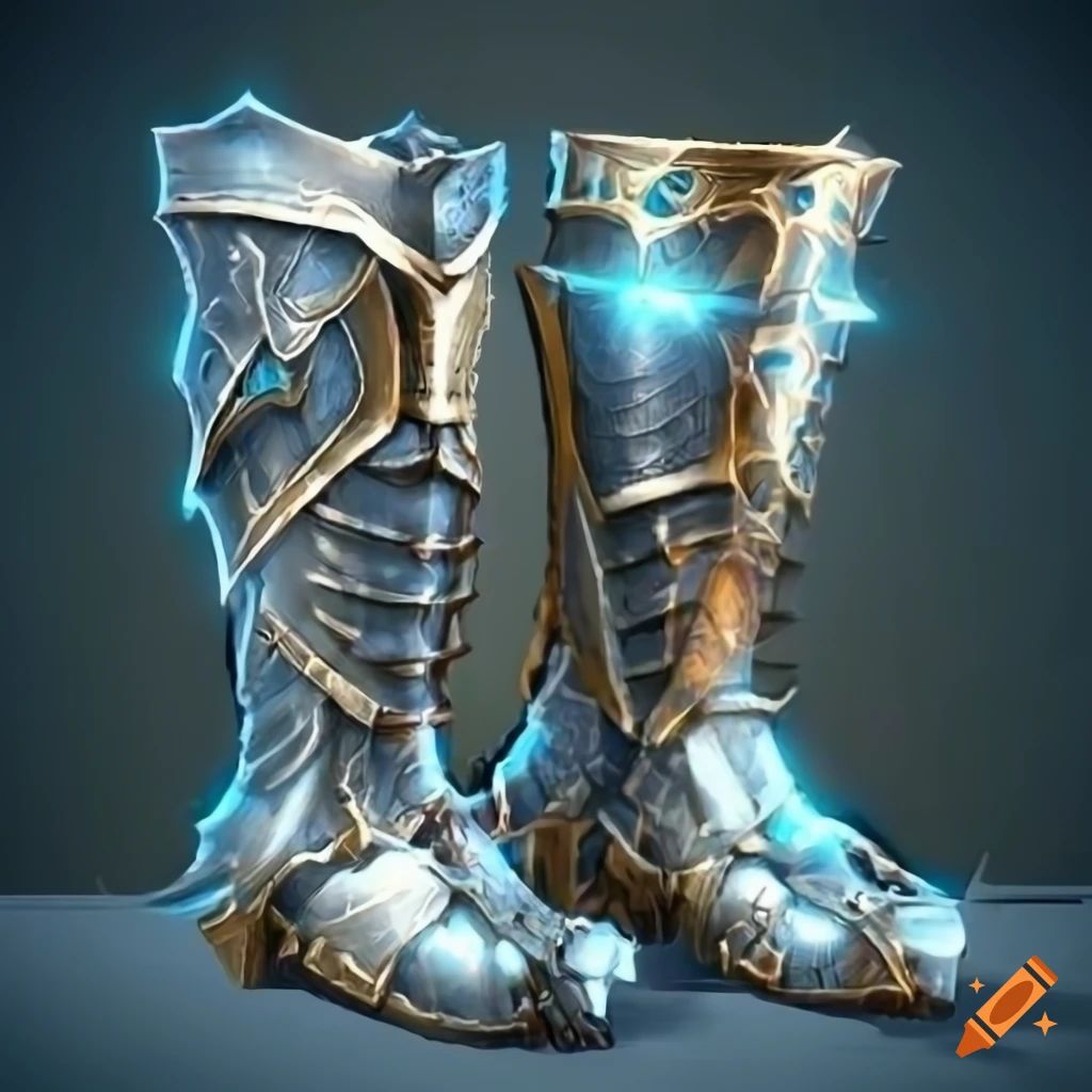 Adorned mithril plated knight boots with magic aura in fantasy design ...