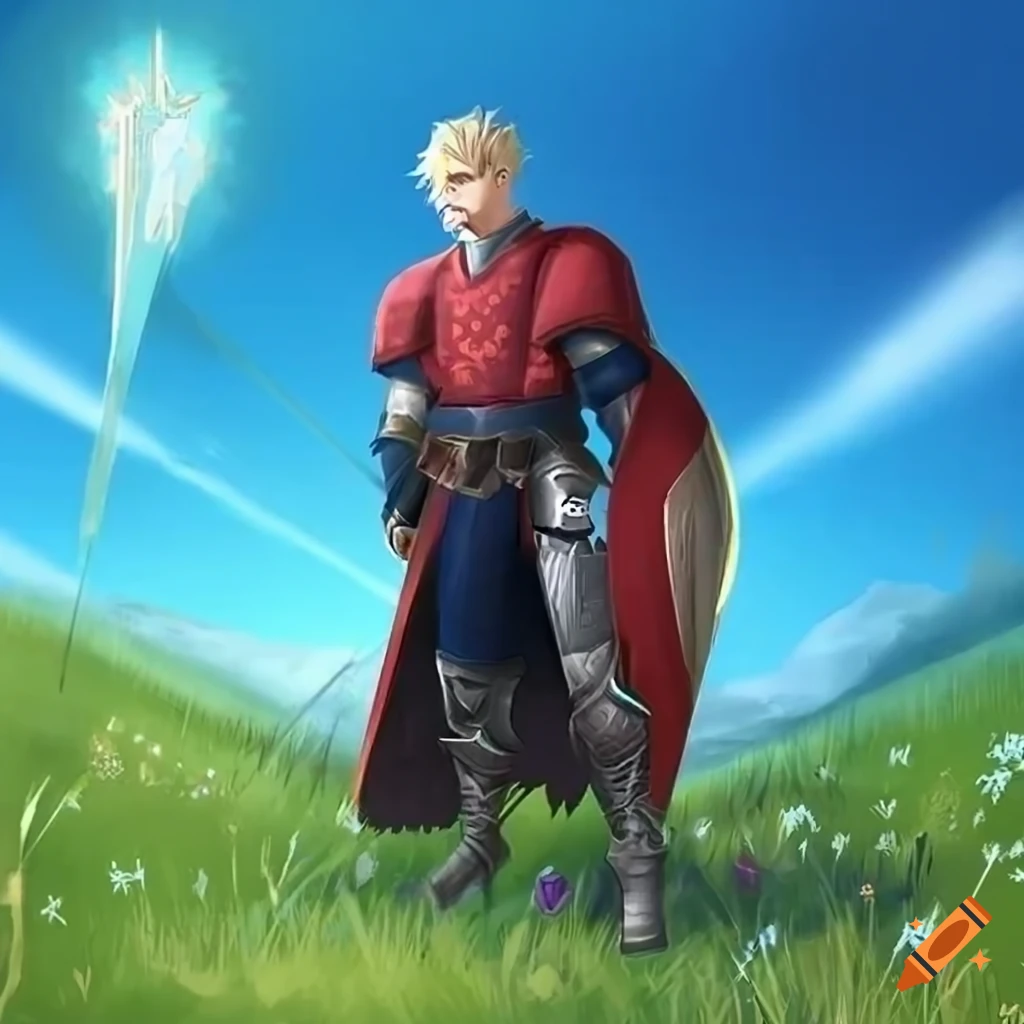 Illustration of a young noble paladin standing in a serene meadow on ...