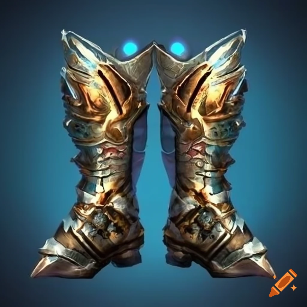Pair of mithril plated knight boots with magic aura for rpg game on Craiyon