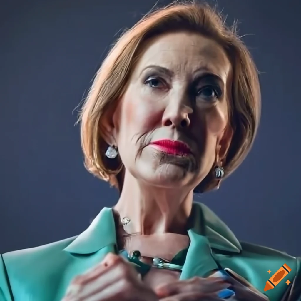 Close-up of carly fiorina speaking confidently in a power suit on Craiyon