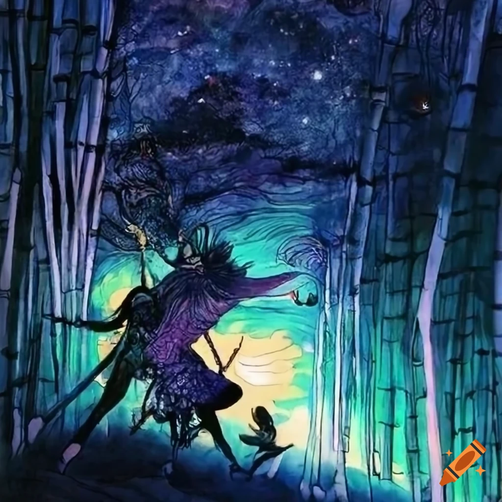 Epic battle of elegant warriors in a bamboo forest under a starry sky ...