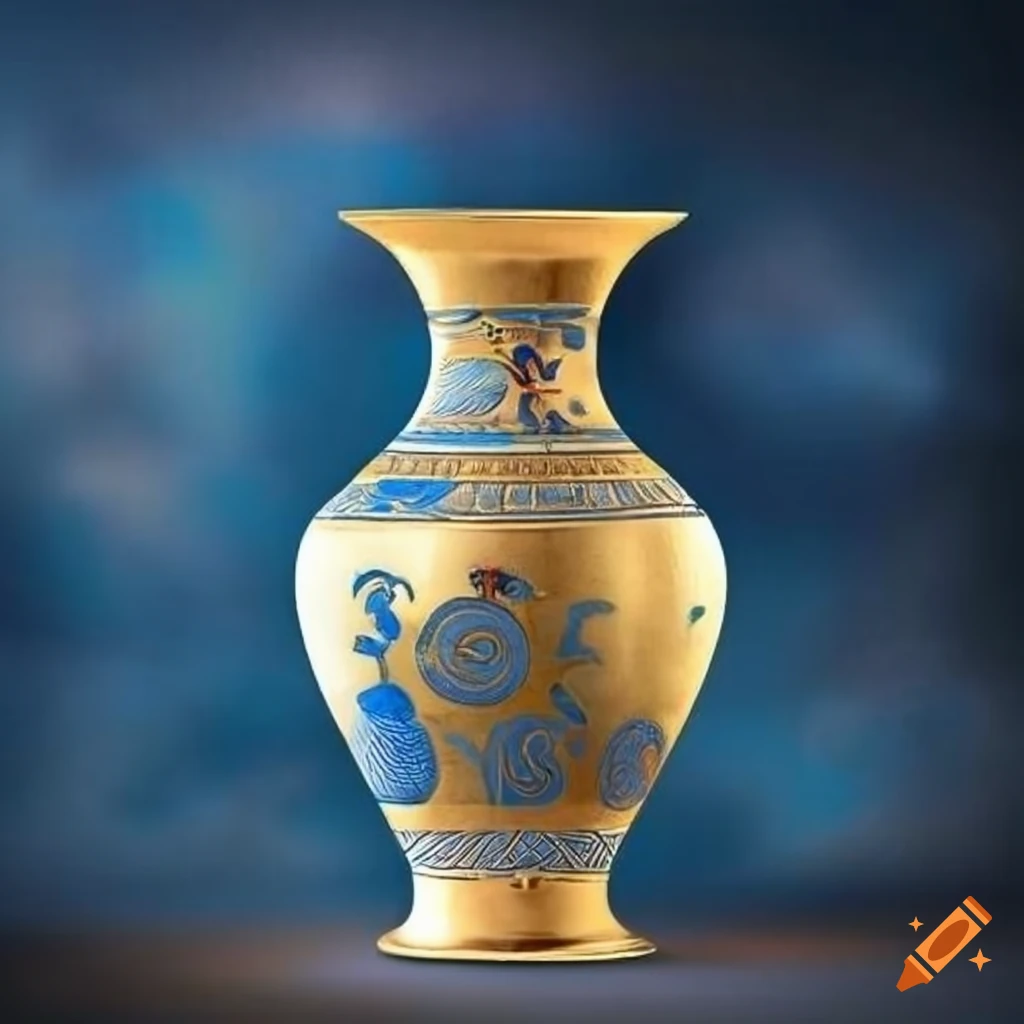Egyptian style vase with Chinese designs in gold and blue against a ...