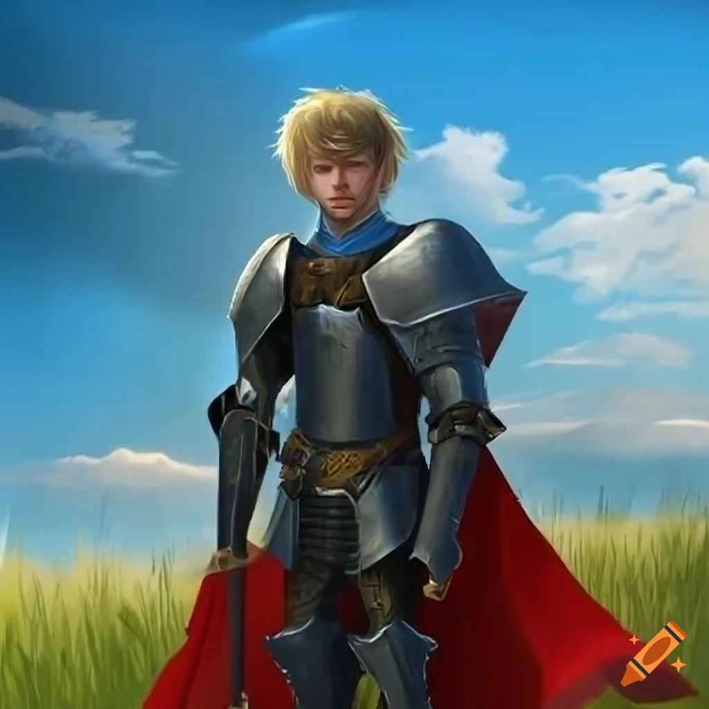 Full bodied young noble paladin standing in a serene meadow under a ...
