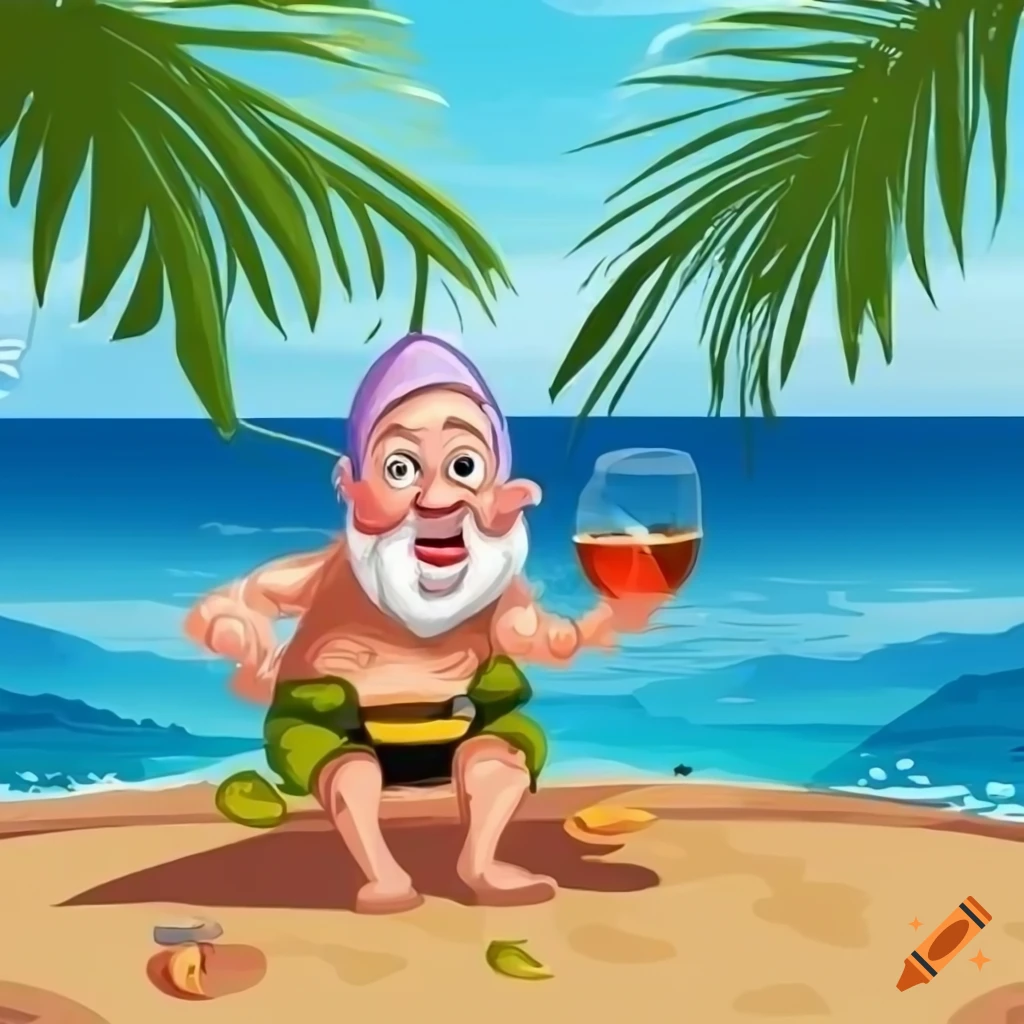 Happy dwarf relaxing on a beach under palm trees by the sea on Craiyon