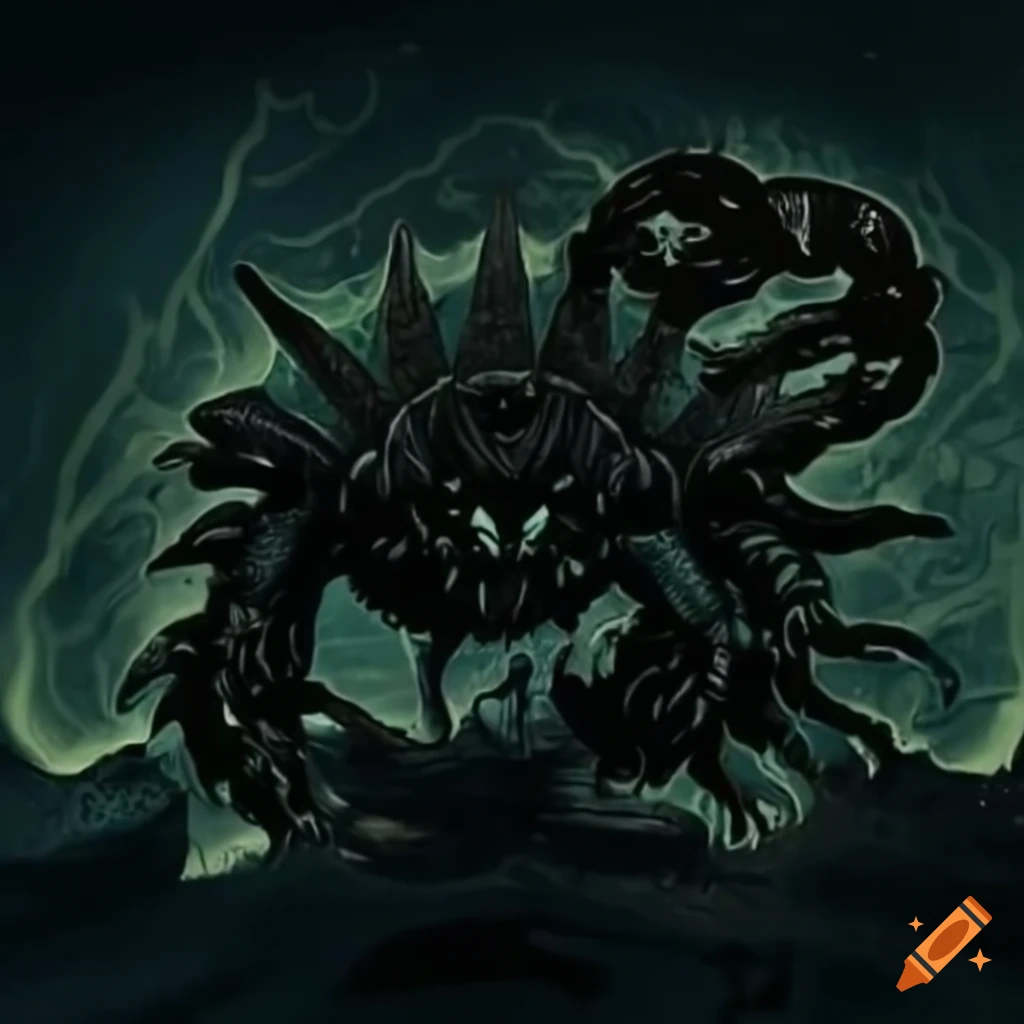 Mystic animal combining turtle, dragon, scorpion, and snake in a dark ...