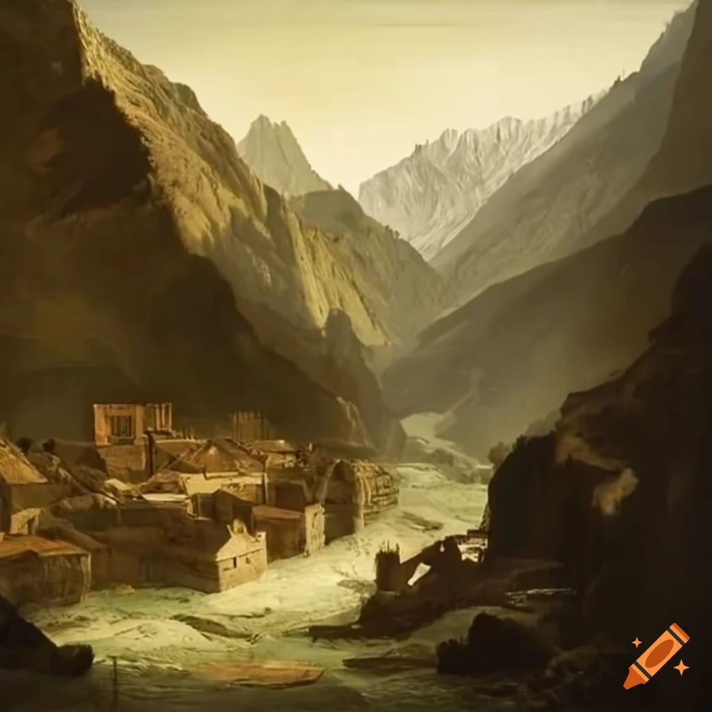 Mining operation in a valley with settlement along a river in the alps ...