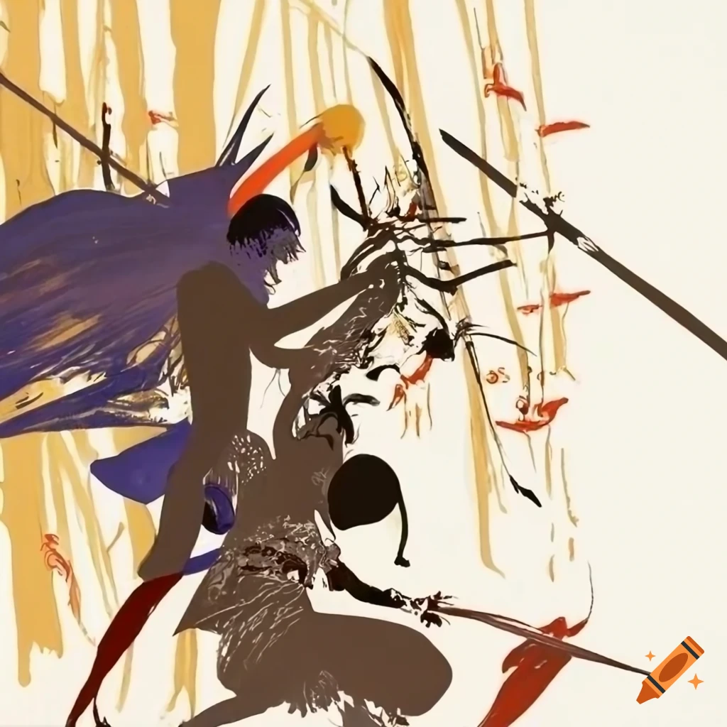 Black warrior and white warrior fighting in a bamboo forest at sunrise ...