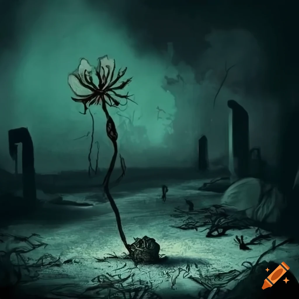 Surreal sprout blooming in dark wasteland with garbage leaves in punk ...