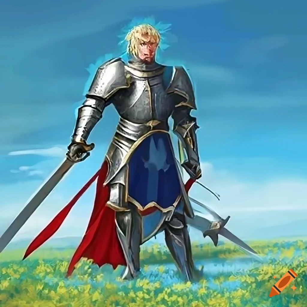 Illustration of a young noble paladin standing in a serene meadow on ...