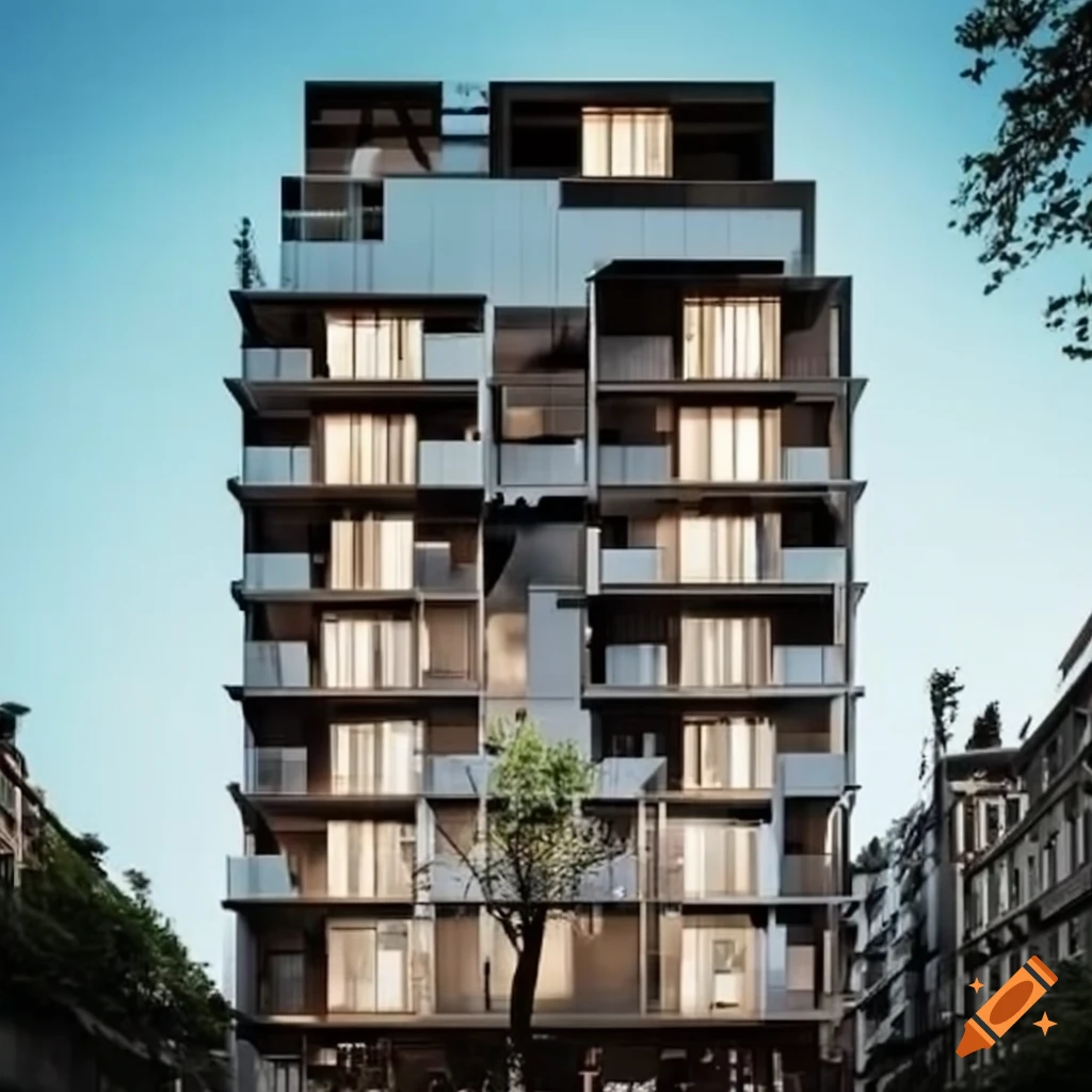 Modern and minimalist 12-floor apartment building with balconies on Craiyon