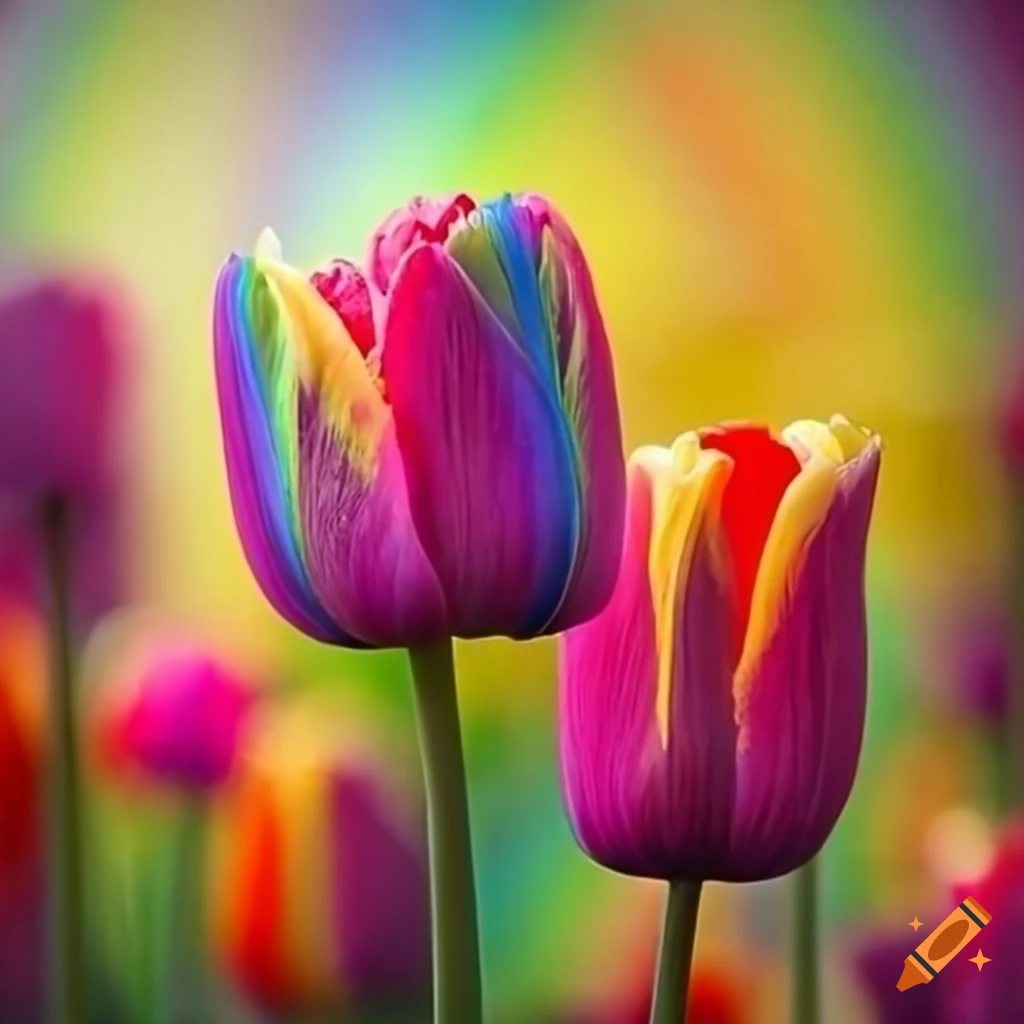 Vibrant rainbow behind a garden of mesmerizing tulips on Craiyon