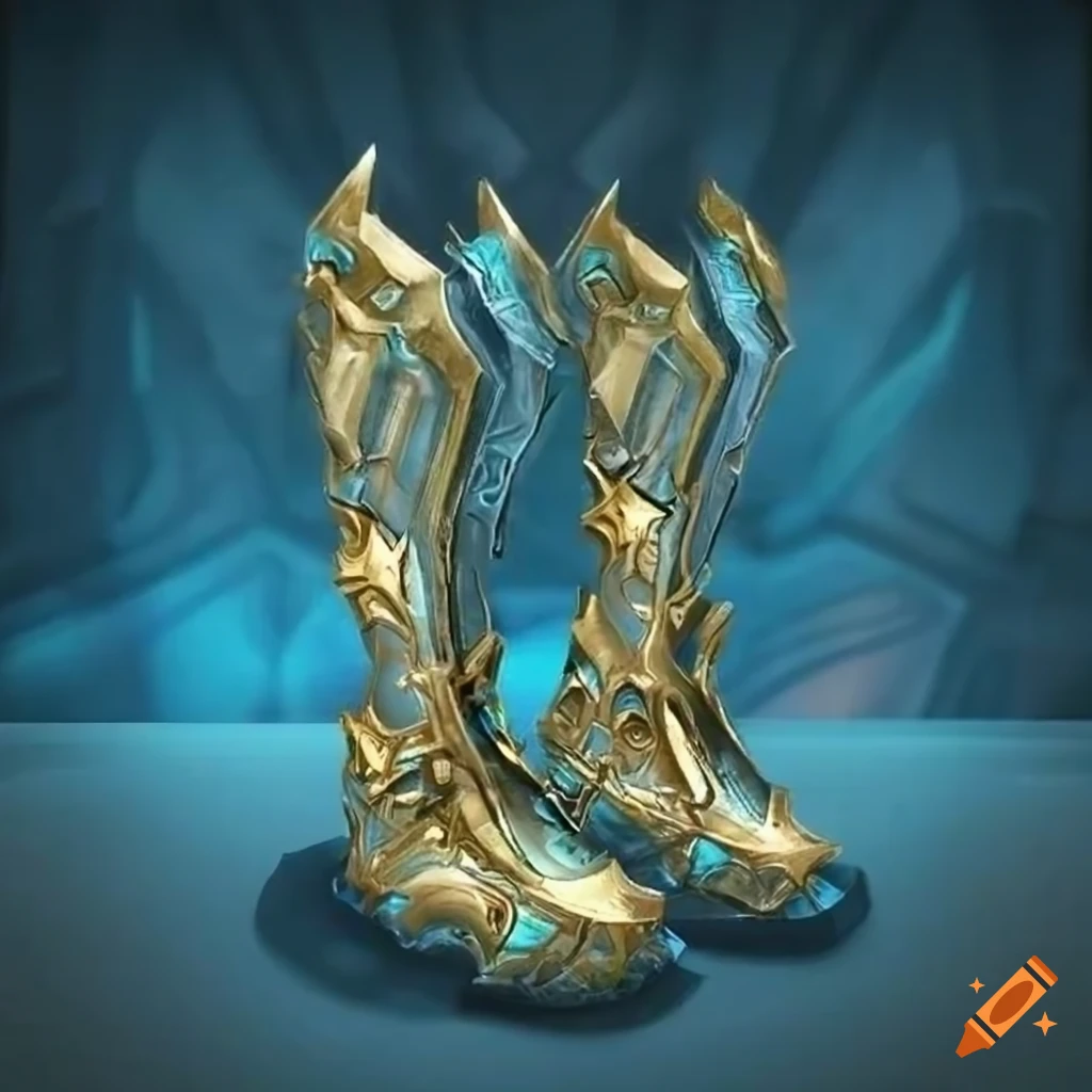 Adorned mithril plated elite champion knight boots with a magic aura on ...