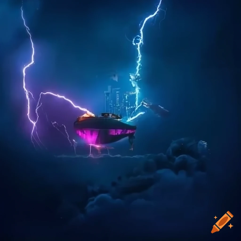 Neon lit cyberpunk airship flying over glass cloud with lightning in ...