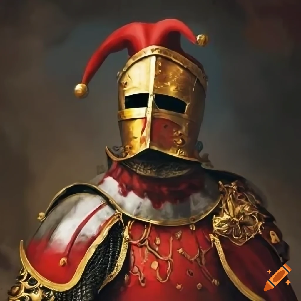 Knight in gold trim red armor wearing a Jester mask on a battlefield on ...