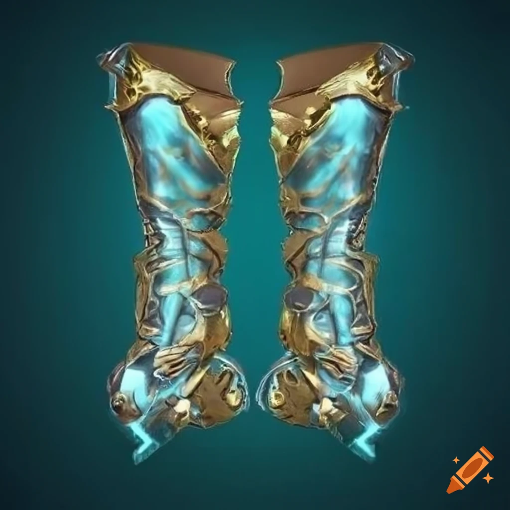 Adorned mithril plated knight boots with a magical aura, rpg leg armor ...
