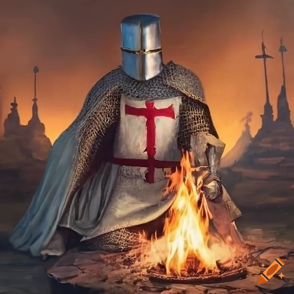 Holy crusader knight at an ancient campfire on Craiyon