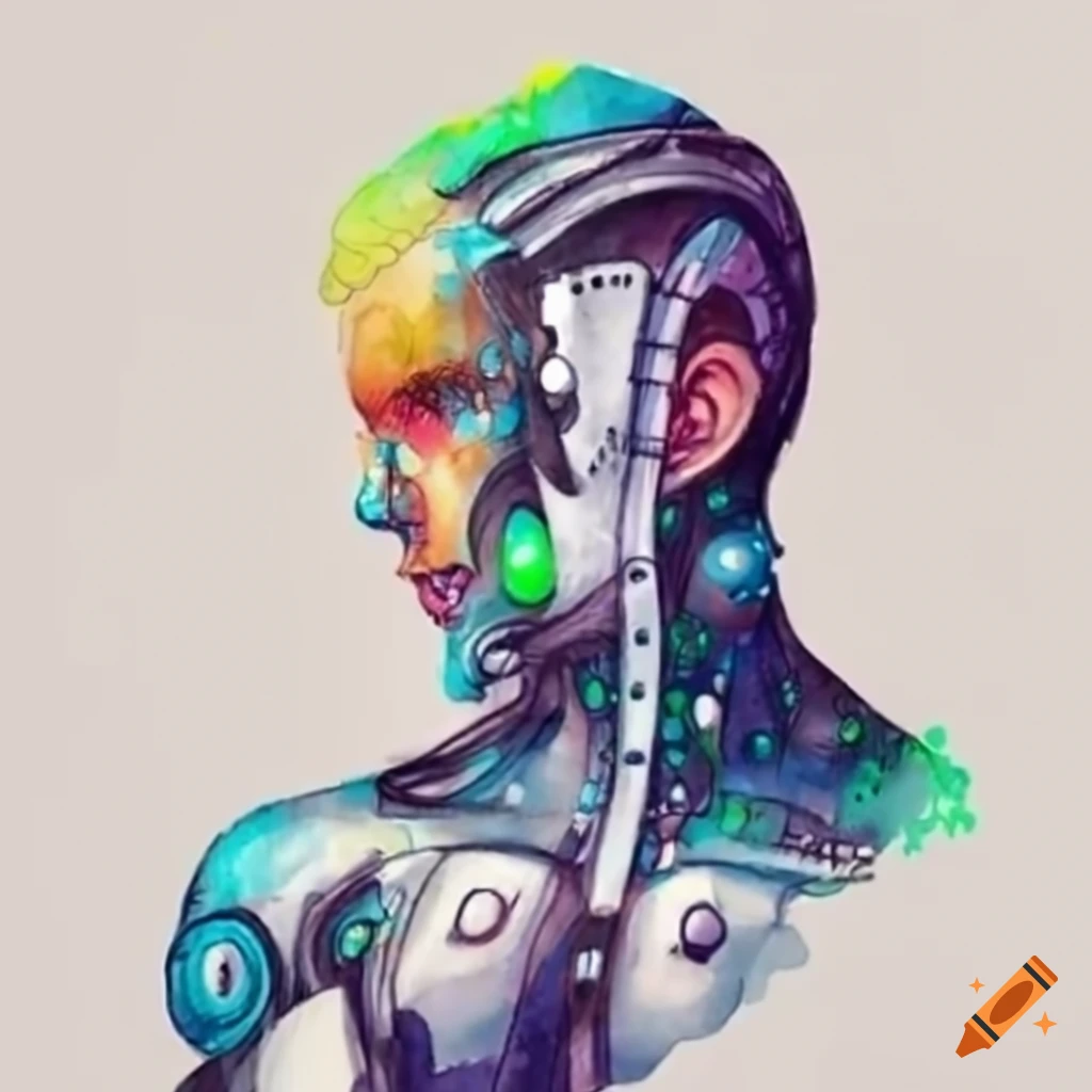 Young man cyborg in white cybernetic bodysuit with light cyan hair in a ...