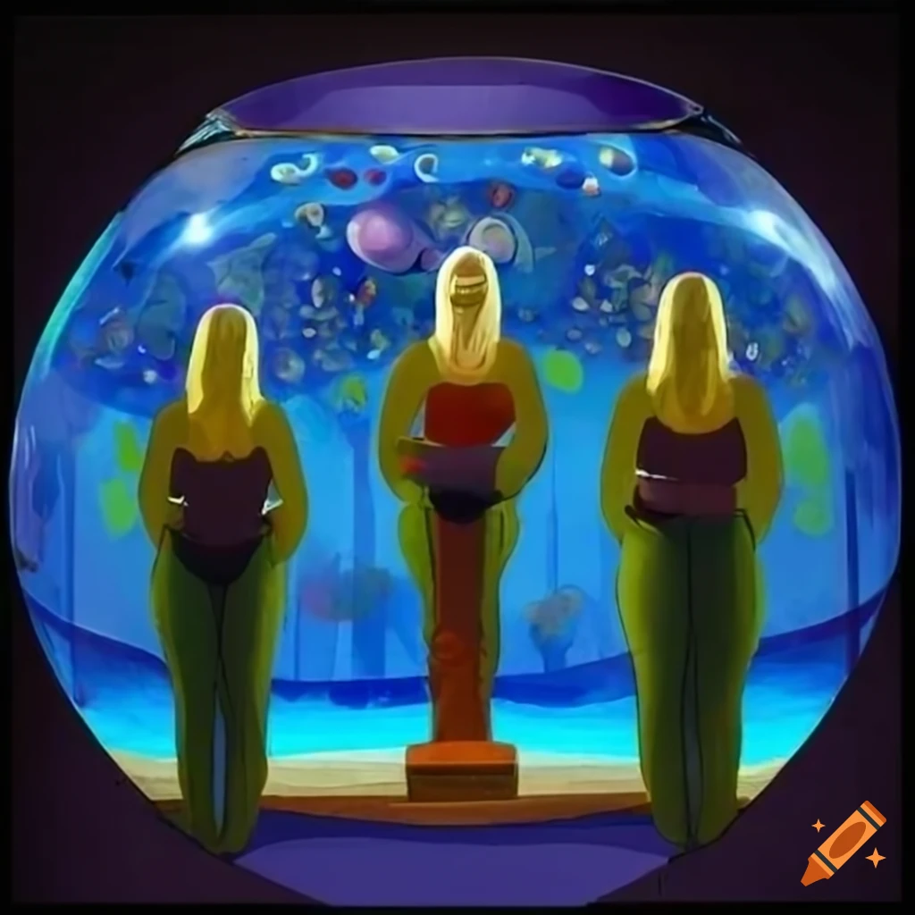 Three personalities praying in underwater glass dome with purple cross ...