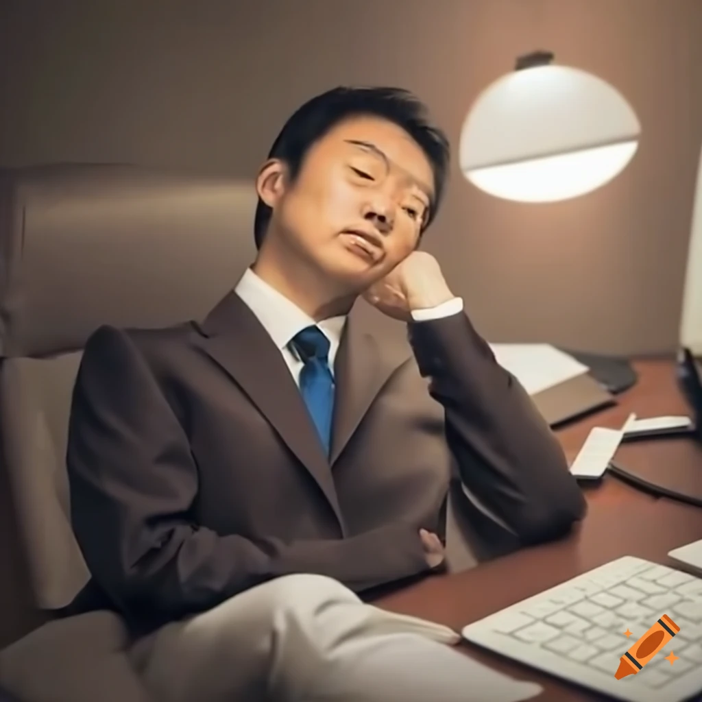 Japanese businessman taking a power nap at cluttered desk in dimly lit ...