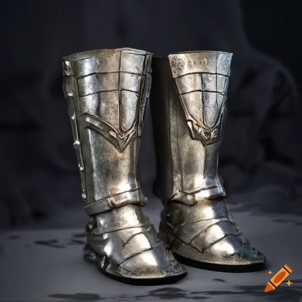 Medieval pair of adorned mithril plated knight boots with magic aura on ...