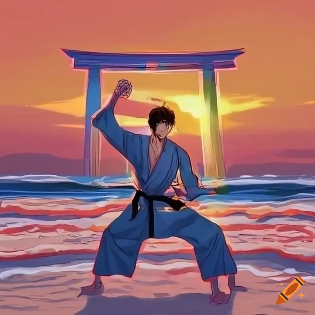 Male character practicing Karate on the beach at sunset in anime art ...