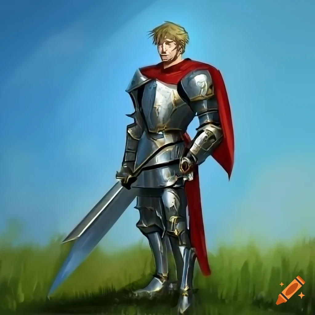 Young noble paladin standing in a serene meadow under a clear blue sky ...