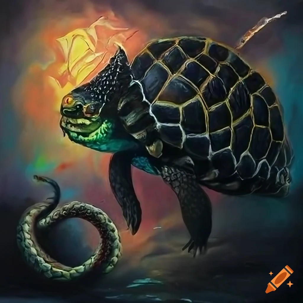 Mythic animal combining a turtle and snake representing a dark and ...