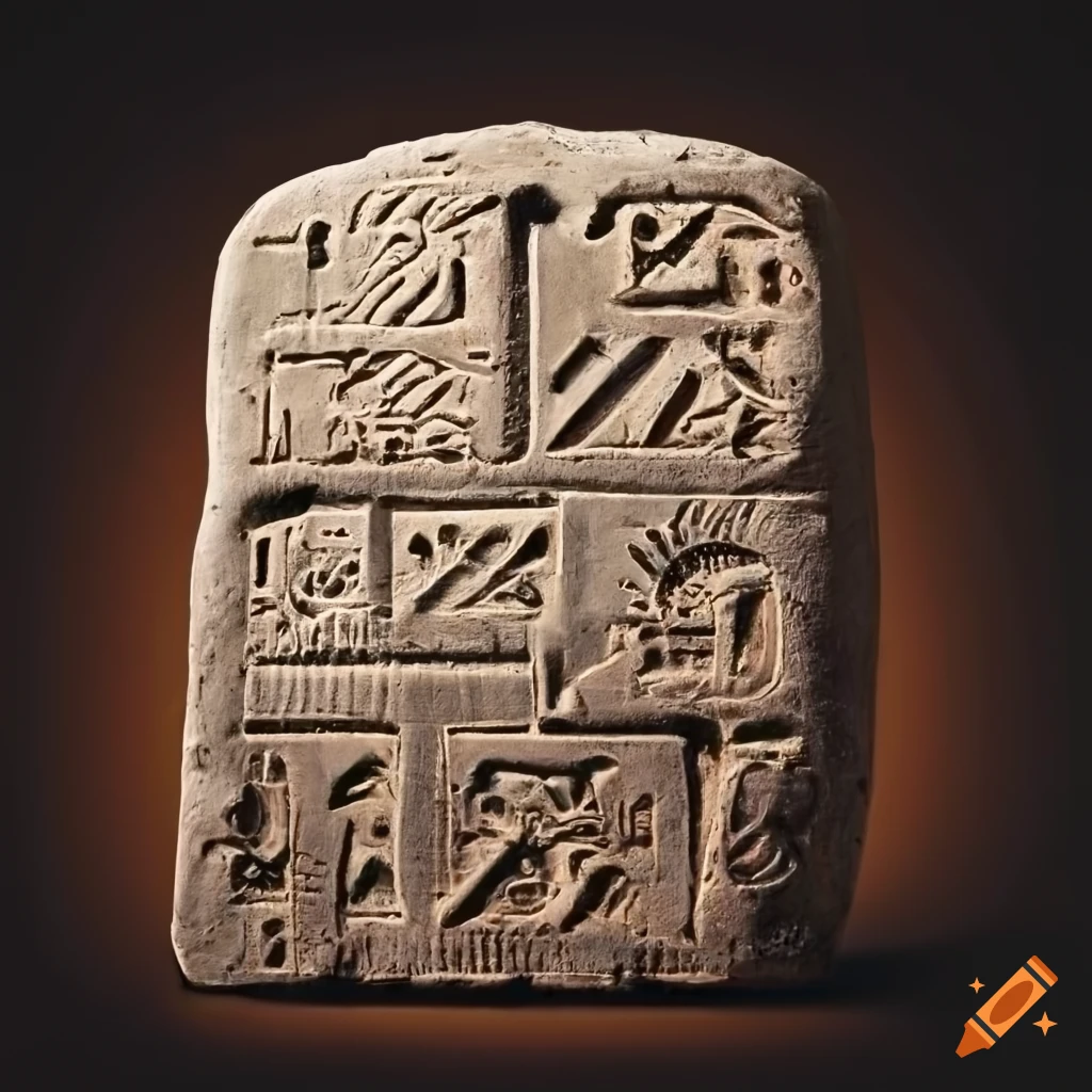 Ancient stone tablet with cryptic hieroglyphs on Craiyon