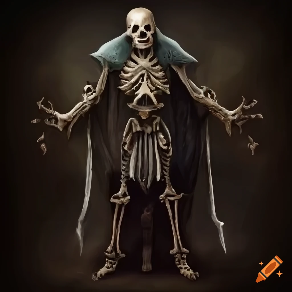 Mystical medieval skeleton in shoes with empty hands on Craiyon