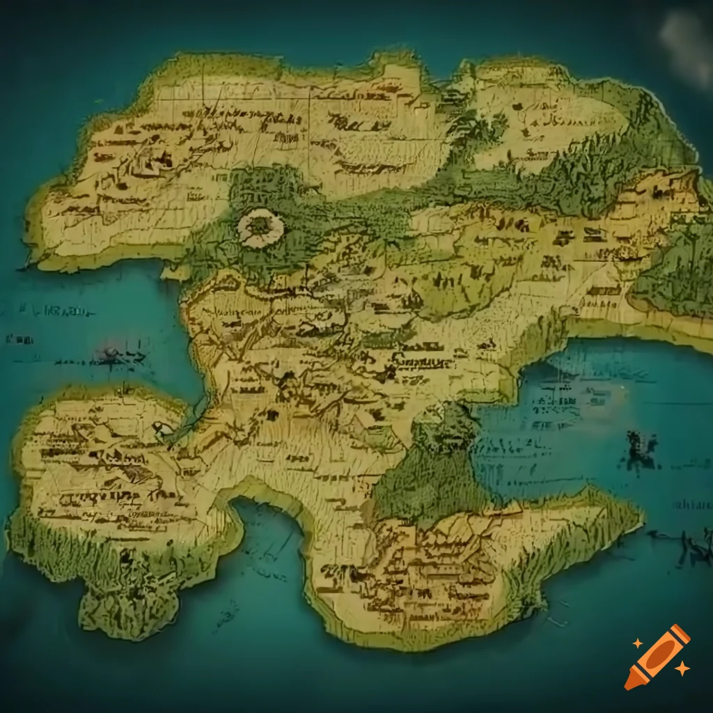 Detailed map of a large medieval island nation with mountains, forests ...