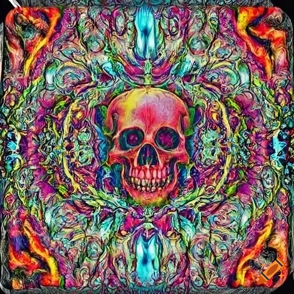 Symmetrical skull with red eyes in a metal album cover design on Craiyon