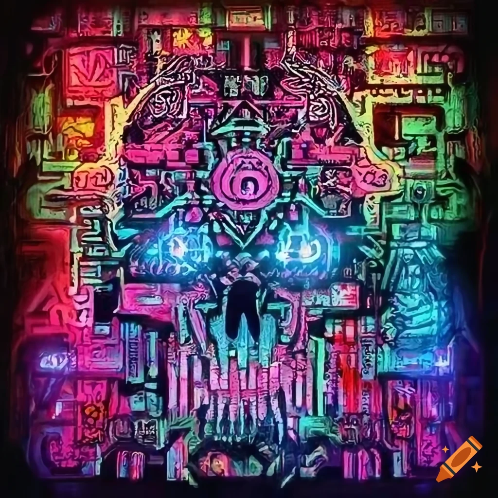 Cyberpunk graffiti mural with tribal, geometric, and abstract patterns ...