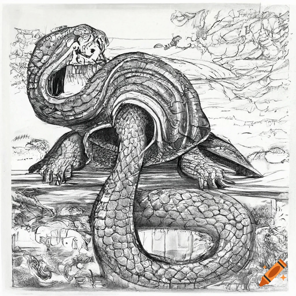 Mythic animal combining a turtle and snake representing a dark and ...