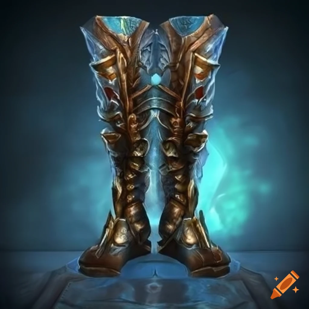 Pair of mithril plated knight boots with a magic aura, ideal for rpg ...
