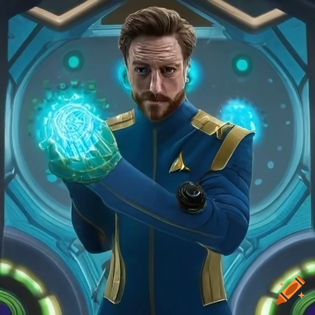 Actor portraying a Starfleet Captain with a turquoise power ring in a ...