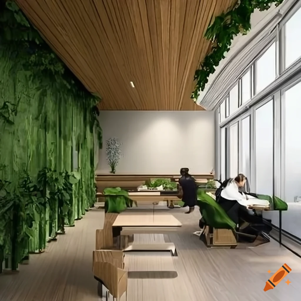 Modern office design with lush greenery and wooden accents like a ...