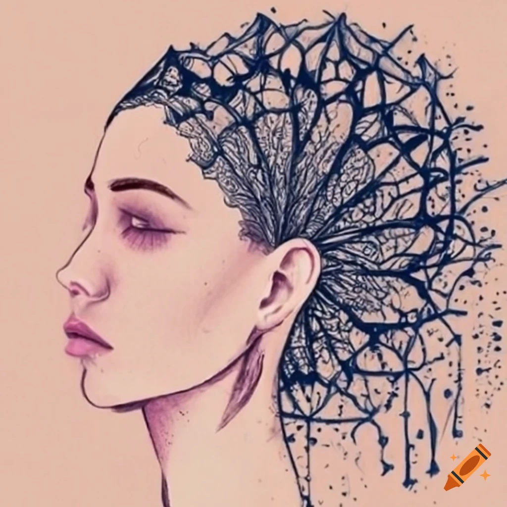 Expressive drawing of an introspective woman with intricate fractal ...