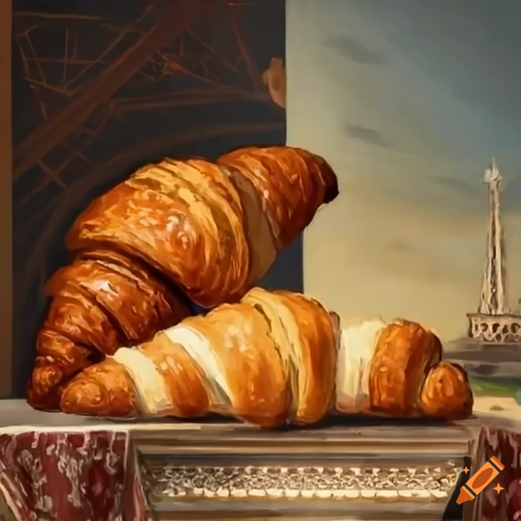 Croissant and baguette in front of the eiffel tower with creative ...