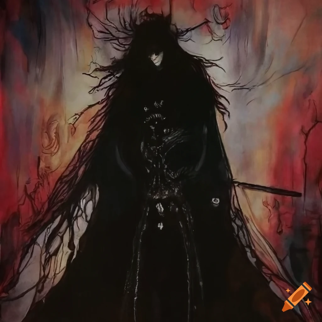 Dark and mysterious warrior in Yoshitaka Amano style artwork on Craiyon